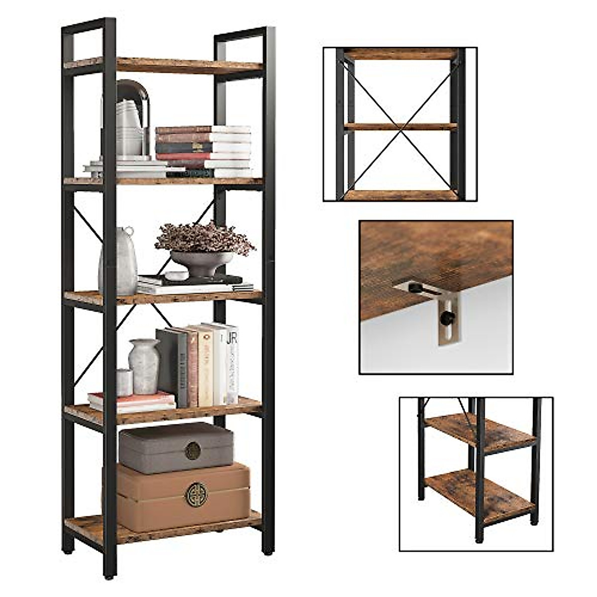 IRONCK Industrial Bookcase, 5-Tier Bookshelf for Living Room, Bedroom, Farm House, Kitchen, Office Decor and Storage
