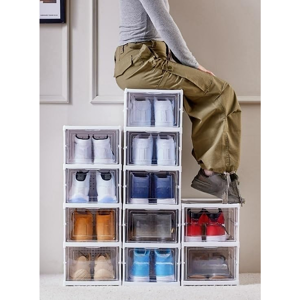 ALTUY 1 Piece Shoe Organizer, Foldable Space Saving Shoe Rack, Clear Plastic Stackable Shoe Organizer for Sports Shoe and Boot Organizer, Shoe Display Boxes