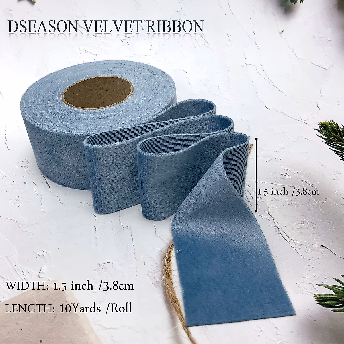 Velvet Ribbon Set 1.5" x 10 Yards, 1 Rolls, Dseason Handmade Dusty Blue Velvet Ribbon Set for Gift Wrapping & Bow Making, Christmas Tree, Wreath Decoration, DIY Crafts Decoration