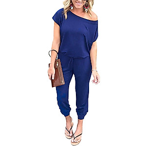 PRETTYGARDEN Women's Loose Solid Off Shoulder Elastic Waist Stretchy Long Romper Jumpsuit (Blue,Small)