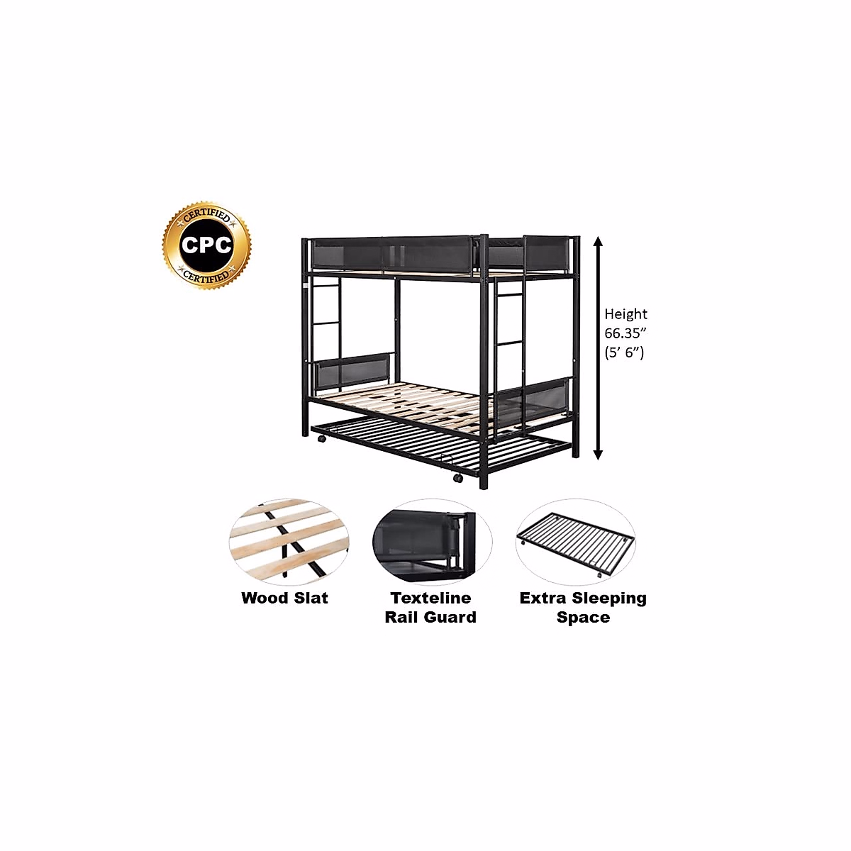 Harper & Bright Designs Metal Bunk Bed Twin Over Twin with Trundle, Heavy Duty Bunk Beds with Texteline Guardrails and Wood Slats, Twin Bunk Bed for Kids Boys Girls Dormitory Bedroom, Black