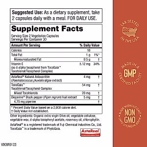 Purity Products AstaFX Astaxanthin Antioxidant Super Formula from Clinically Tested 4 mg AstaREAL with Full Spectrum Tocotrienols (Vitamin E) + BioPerine Black Pepper + Piperine - 60 Vegetarian Caps
