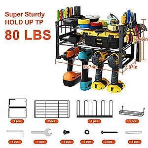 Heavy Duty Floating Tool Shelf Power Tool Organizer Garage Tool Storage Shelf Drill Holder 3 Layers Wall Mounted Storage Rack with Screwdriver Holder Black Suitable for Garage/Workshop