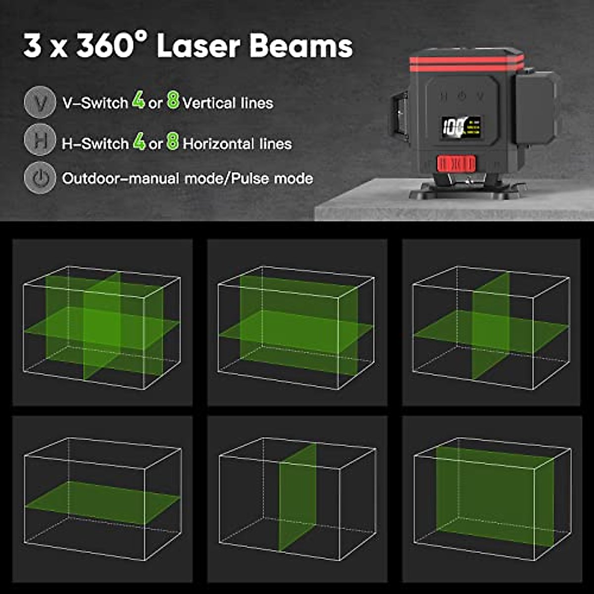 seesii 12 lines Laser Level Self Leveling 3x360° 3D 150FT Green Cross Line Laser Level with pulse mode for Construction/DIY Picture Hanging Remote Controller Rechargeable battery Magnetic Stand