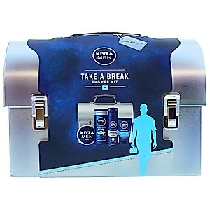 Nivea Men Valentine's Day Gift Set, Take a Break Shower Kit, Includes 4 Nivea Grooming Essentials in a Decorative Tin Case, Nivea Body Wash, Shaving Foam, Face Wash, Creme, Self-Care Giftpack For Men