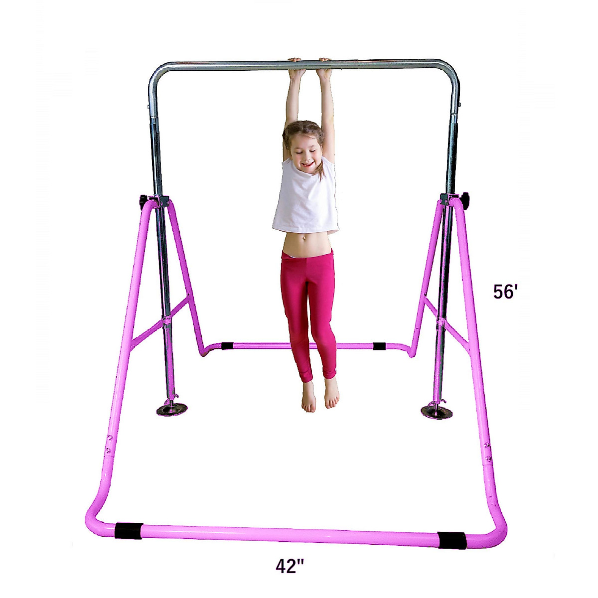 Kids Jungle Gymnastics Expandable Junior Training Monkey Horizontal Bars Climbing Tower Child Play Pink Training Pull Up Gym + Swing Seat + Trapeze Rings.Set