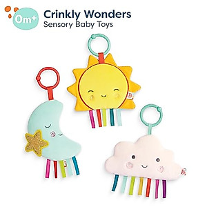 B. baby – 3 Sensory Baby Toys – Crinkle Toys For Newborns, Infants – Hanging Toys For Car Seat, Stroller, Crib – Sun, Cloud, Moon – 0 Months + – Crinkly Wonders