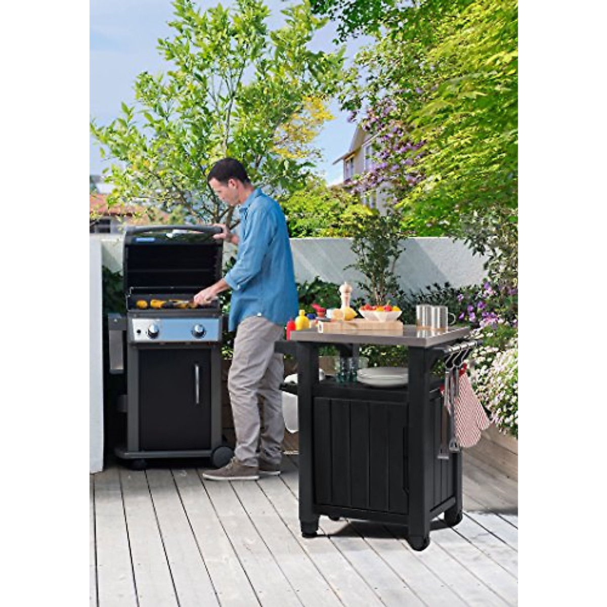 Keter Unity Portable Outdoor Table and Storage Cabinet with Hooks for Grill Accessories-Stainless Steel Top for Patio Kitchen Island or Bar Cart, Dark Grey