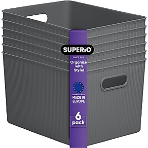 Superio Ribbed Collection - Decorative Plastic Open Home Storage Bins Organizer Baskets, X-Large Grey (6 Pack) Container Boxes for Organizing Closet Shelves Drawer Shelf 22 Liter/23 Quart