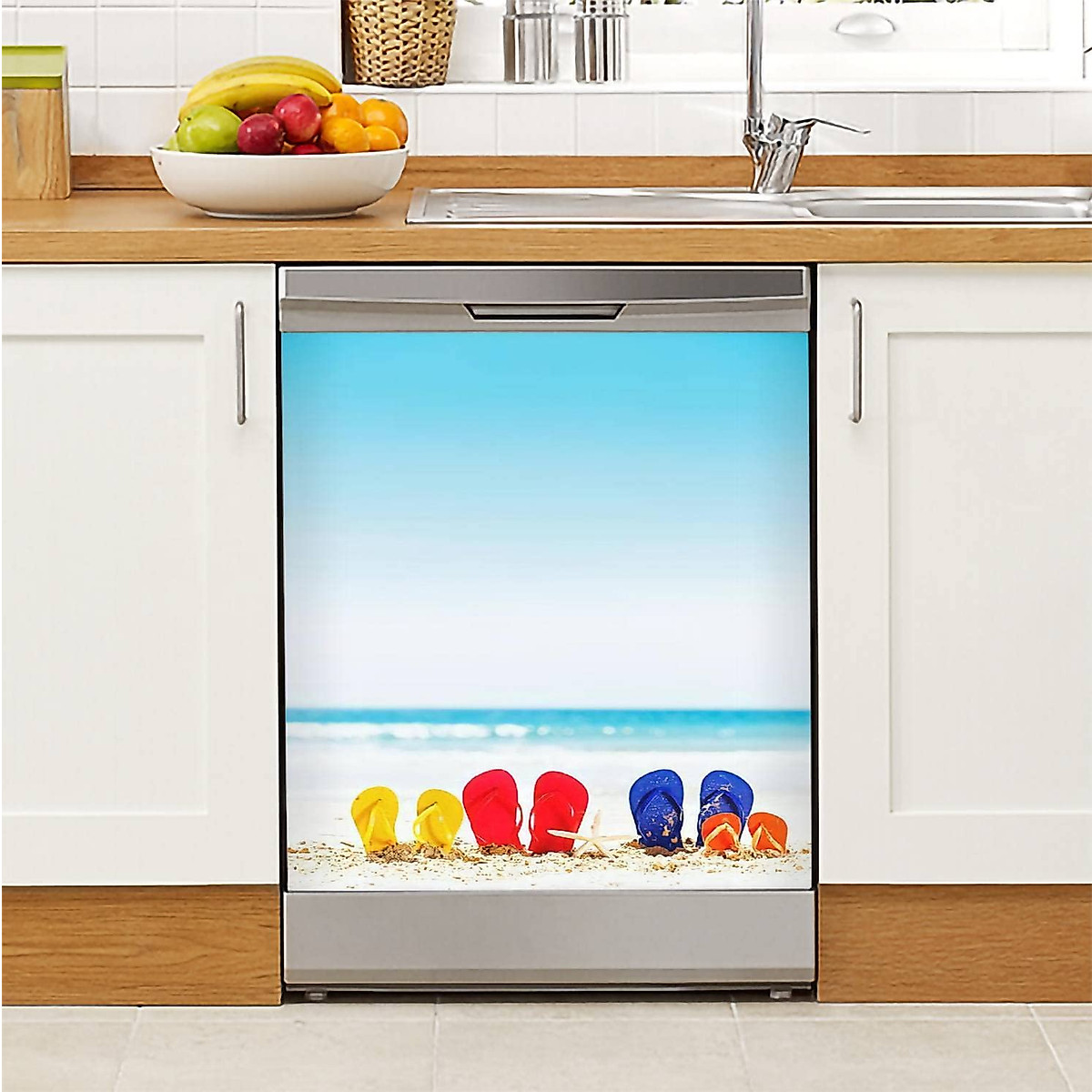 Dishwasher Magnet Cover Family Vacation time Four Pairs of Flipflops on Summer Beach Magnetic Refrigerator Stickers Decorative Appliance Cover Fridge Panels Metal Door Garage 23"Wx26"H