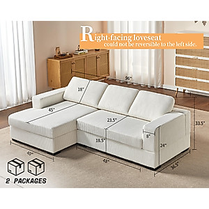 AMERLIFE 96 Inch Oversized Sectional Sofa, Modern Couch with Chaise, Comfy Sofa Couch with Left Chaise, White Corduroy Sofa