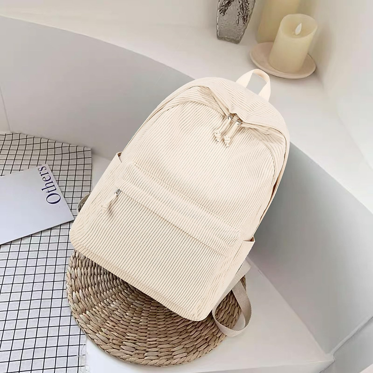 School Backpack for Teen Girls Bookbags Elementary High School Corduroy Laptop Bags Women Travel Daypacks (Beige)