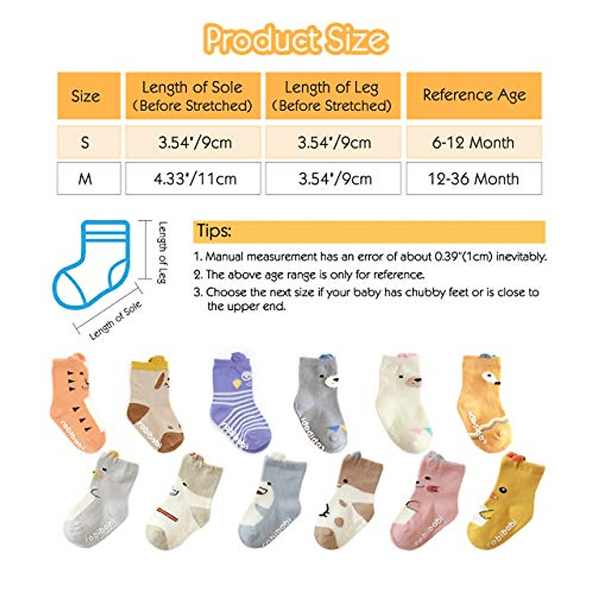 Fanairy Baby Boys Girls Socks with Grips Toddler Infant Non-Skid Crew Cotton Cartoon Socks 12 Pack, Assorted Color, 1-3T
