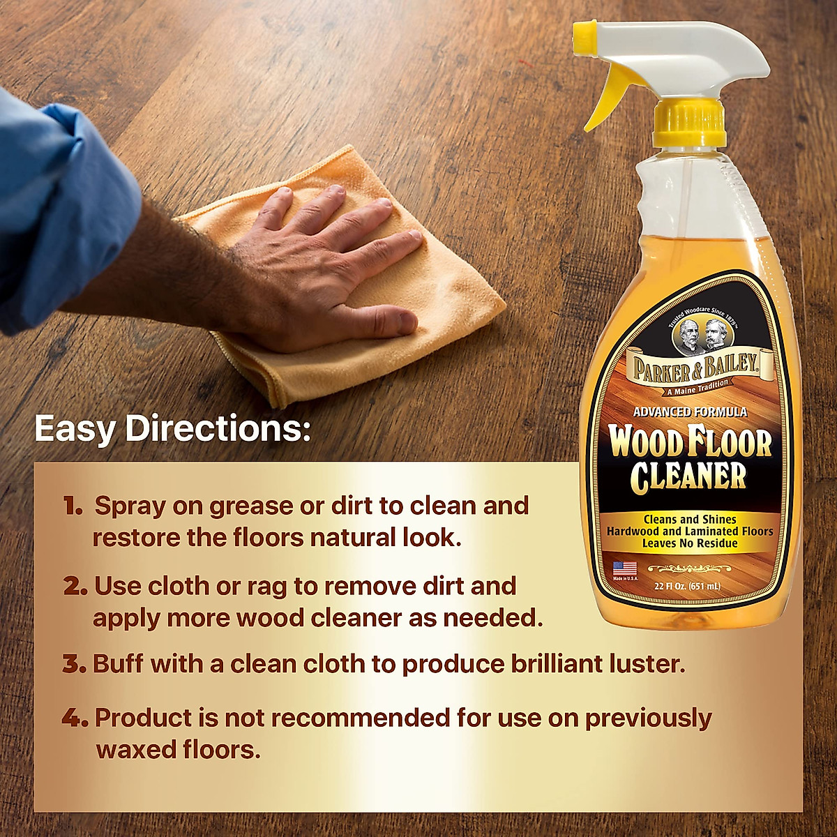 Parker & Bailey Wood Floor Cleaner – Use on Hardwood, Laminated or Faux Finished Floors. Shine Restorer Protector, Surface Cleaner Supplies Home Improvement, Natural Look, Cuts Grease 22 Oz