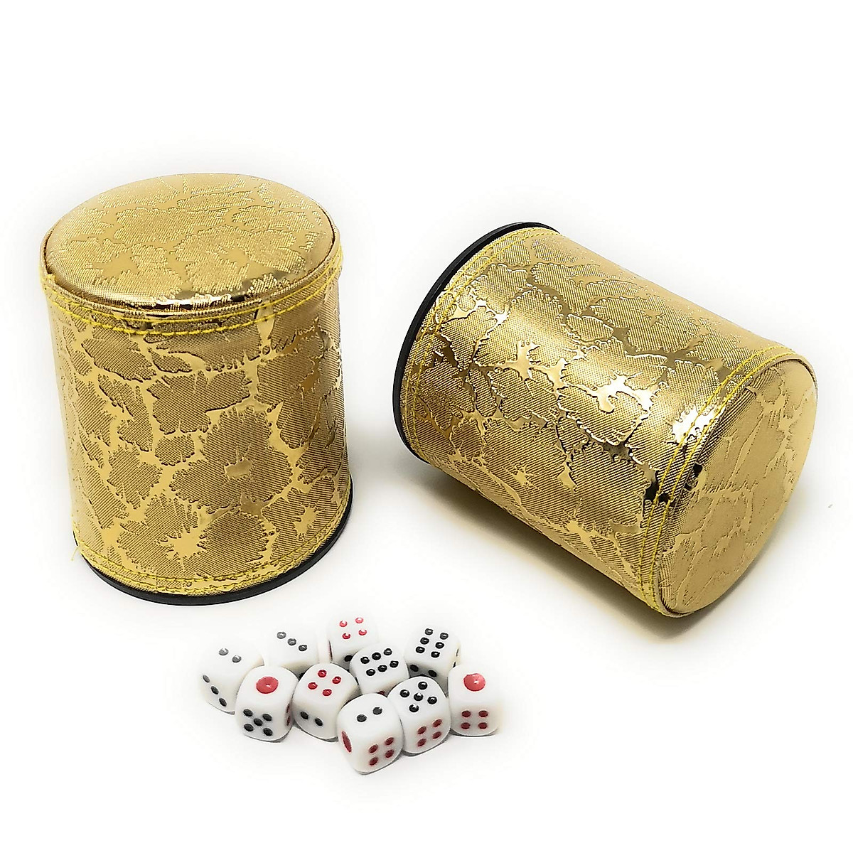 Asian Home Thy Collectibles Dice Cup with 5 Dices, PU Leather Professional Dice Shaker Cup Set for Yahtzee/Craps/Backgammon or Other Dice Games Golden, 2 Pack