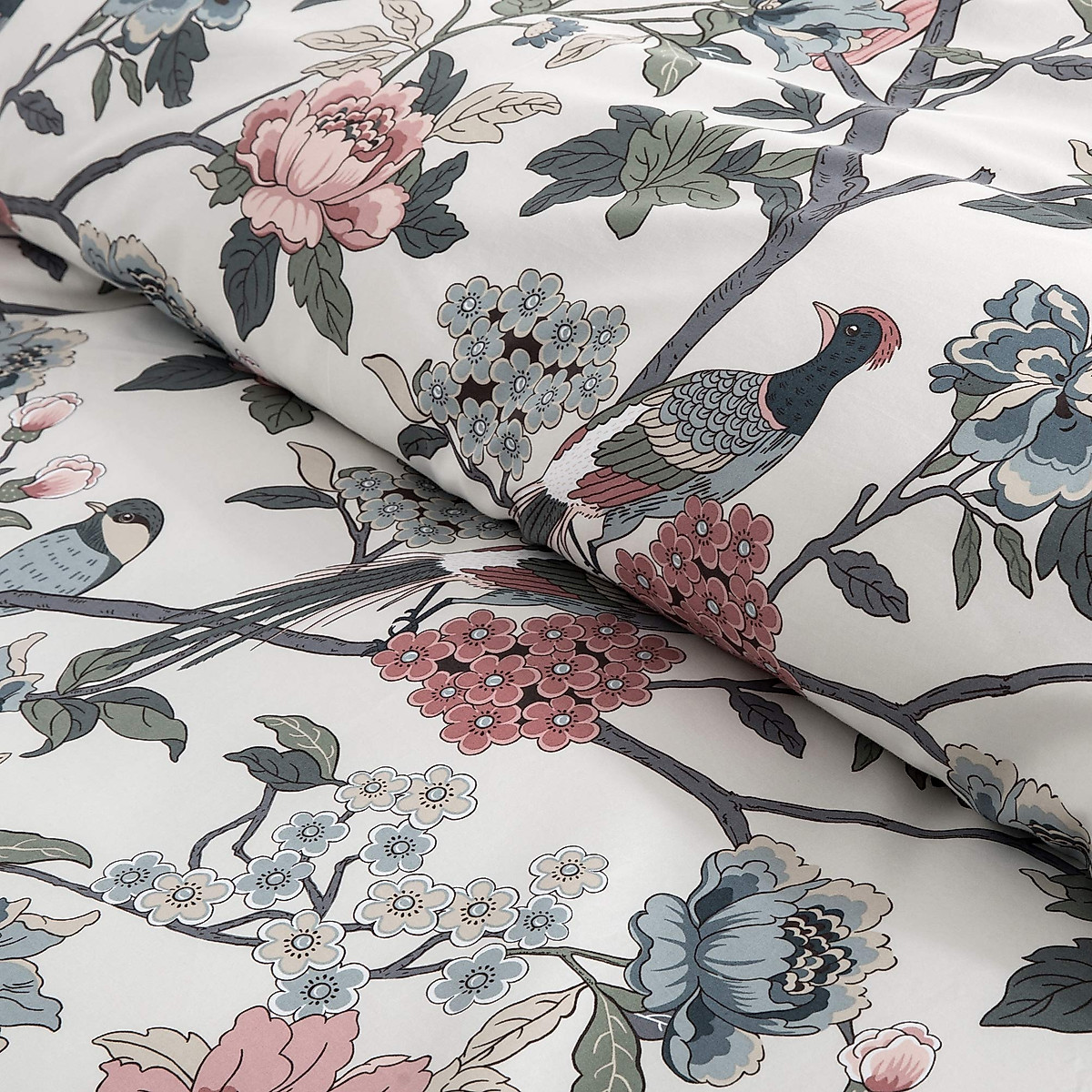 Eikei Cottage Bloom Garden Duvet Cover Set French Country Provincial Chic Floral Birds Bedding Peony Blossom Tree Branches (Muted, King)
