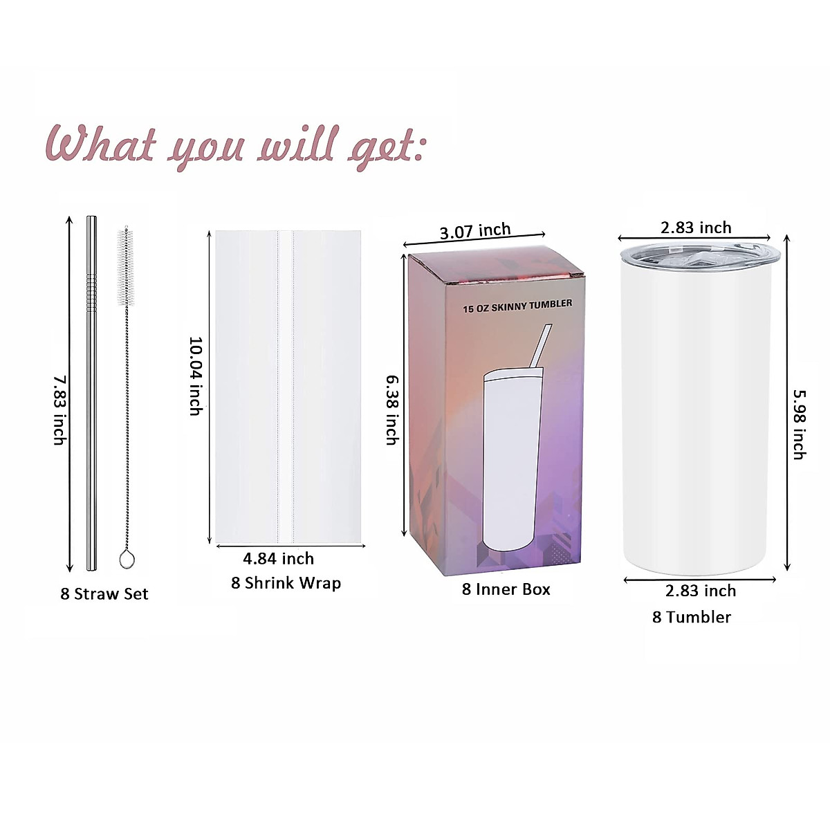 Wzaytia 15 Oz Sublimation Tumblers Blank (8 Pack), Skinny Straight Kids Sublimation Tumblers Bulk, Individually Gift Boxed, White Tumblers Sublimation