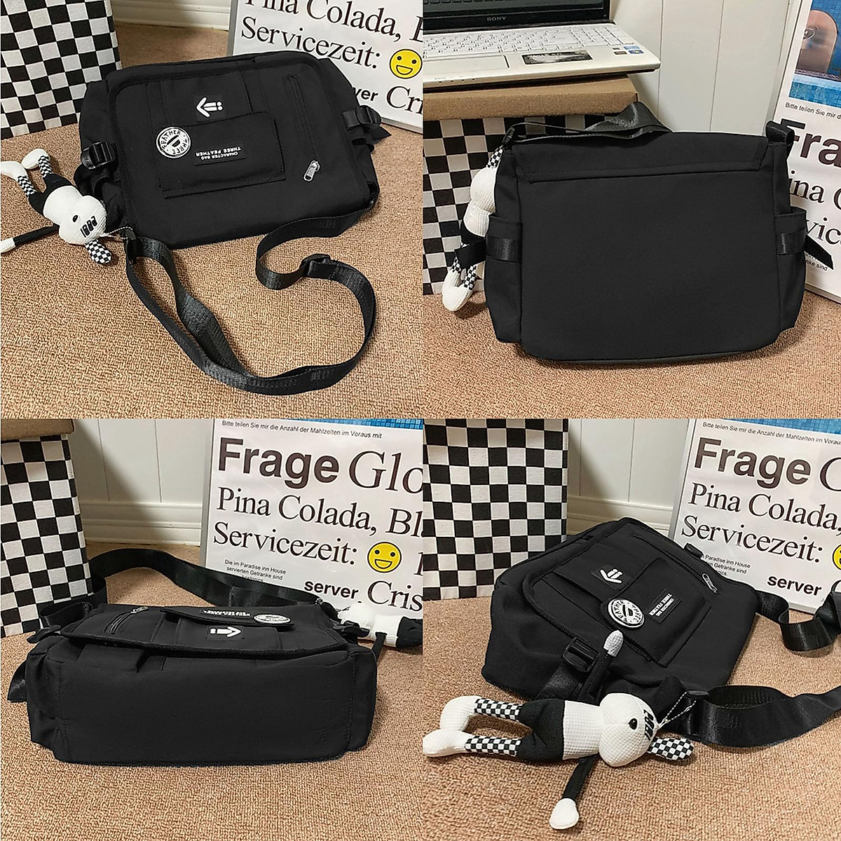 JELLYEA Cute Kawaii Messenger Bag Crossbody Purses for Women Men Shoulder Bags with with Pendant Aesthetic Bag Kawaii Bag Satchel (White)