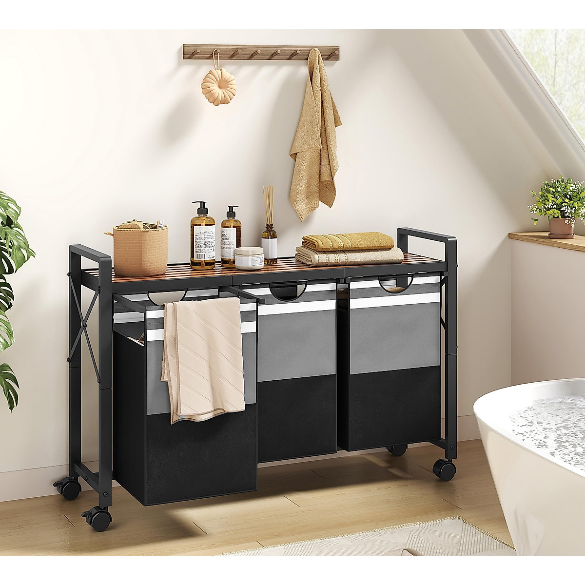 Laundry Sorter with Shelf, 150L Laundry Basket Organizer, 3 Section Laundry Hamper with Rolling Wheels, Grey Black (1 Tier)