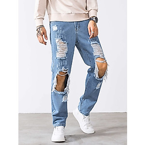 WDIRARA Men's Cut Out Ripped Frayed Zipper Fly Long Straight Leg Denim Jeans Light Wash L
