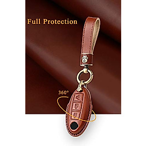 SANRILY 3-Button Leather Key Fob Cover for Nissan Armada Rogue Murano Cube 370Z Leaf Juke Quest Keyless Remote Key Protective Case with Lucky Cat Key Ring Green