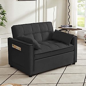 Antetek 3 in 1 Convertible Sofa Bed w/360° Rotating Side Table, 47" Modern Velvet Loveseat Sofa, Small Sleeper Pullout Bed w/Adjustable Backrest for Living Room Apartment, Office, Small Space, Black