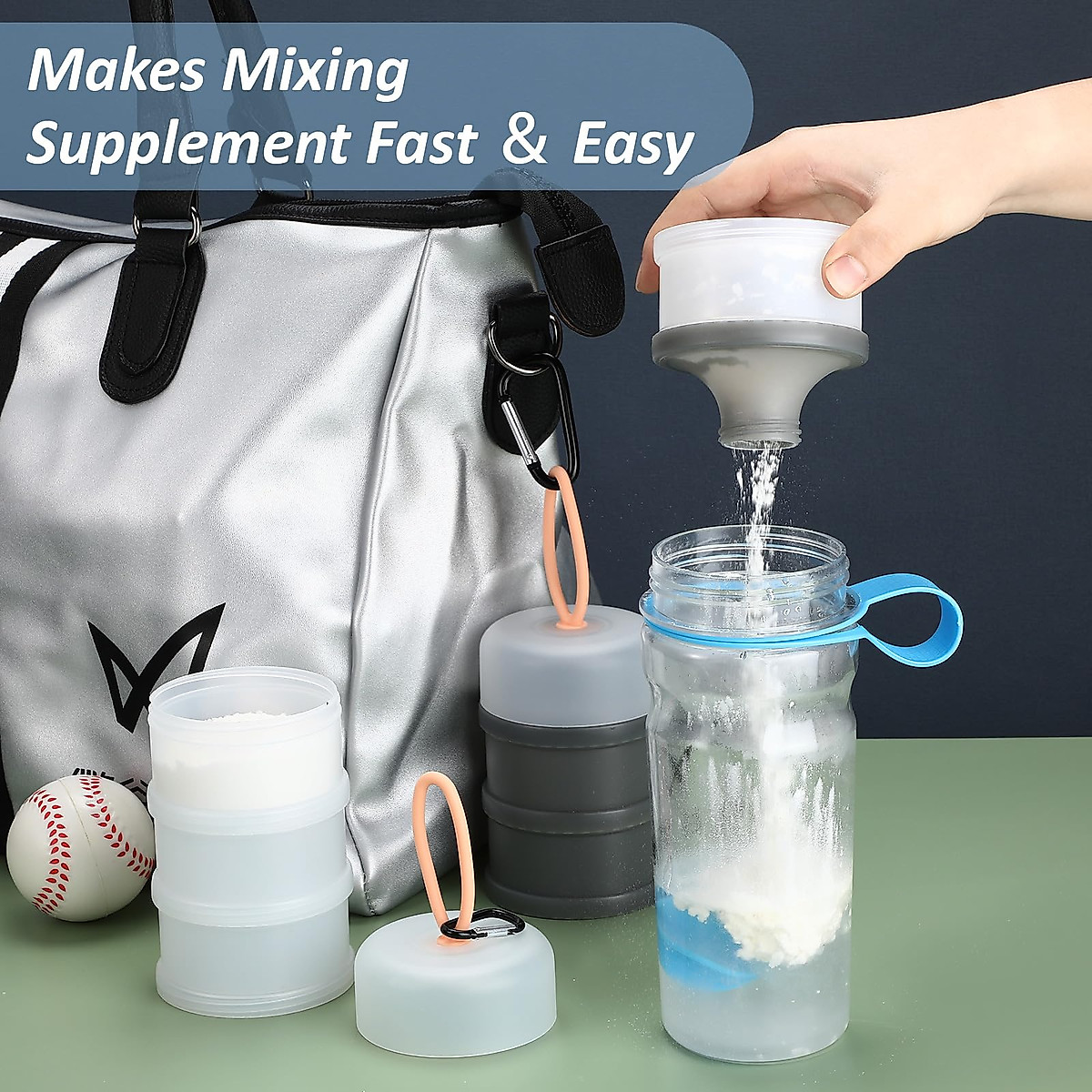 Baderke 2 Pcs Protein Powder Container with Funnels Stand, 4 Stackable Leakproof Protein Powder Dispenser, Portable Keychain Protein Powder Container for Workout, Fitness, Travel (Gray, White)