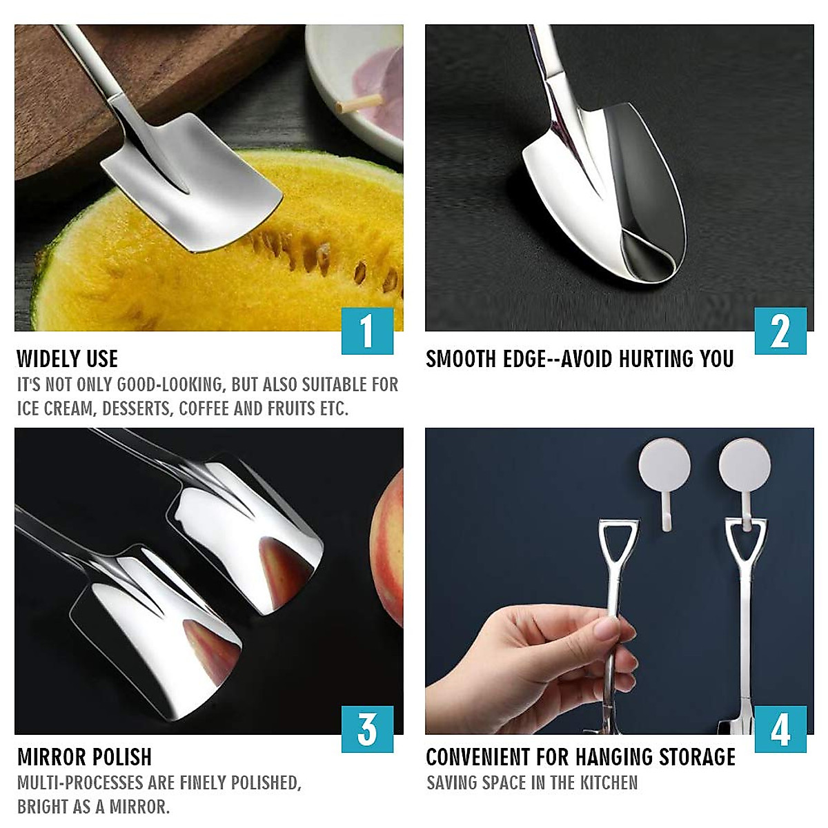 Dessert Spoon Cute Shovel Spoon, SUS304 Stainless Steel Spade Spoons Fruit Coffee Cake Spoon, Dishwasher Safe, 2pcs Spoons with Plastic Box Package