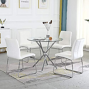 Dining Table Set for 4, Modern Kitchen Table and Chairs Set for Small Space, Round Glass Dining Room Table and Faux Leather Dining Chairs Dining Room Set of 5 Pieces - White