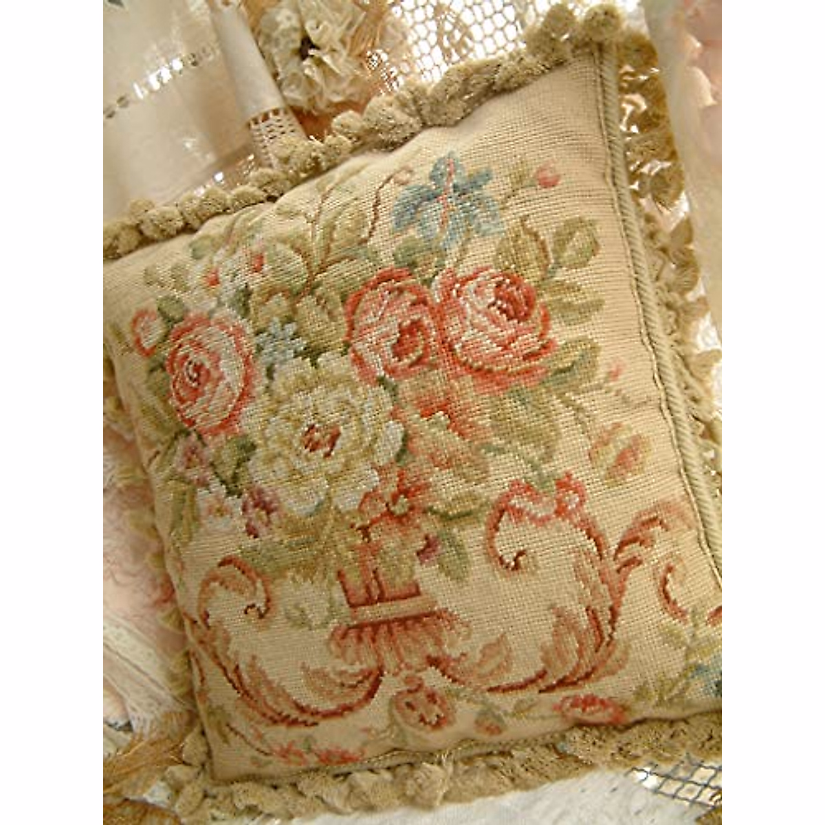 GoldenAppleArt 16" Elegant Roses in Urn Vintage Handmade Aubusson Design Needlepoint Pillow
