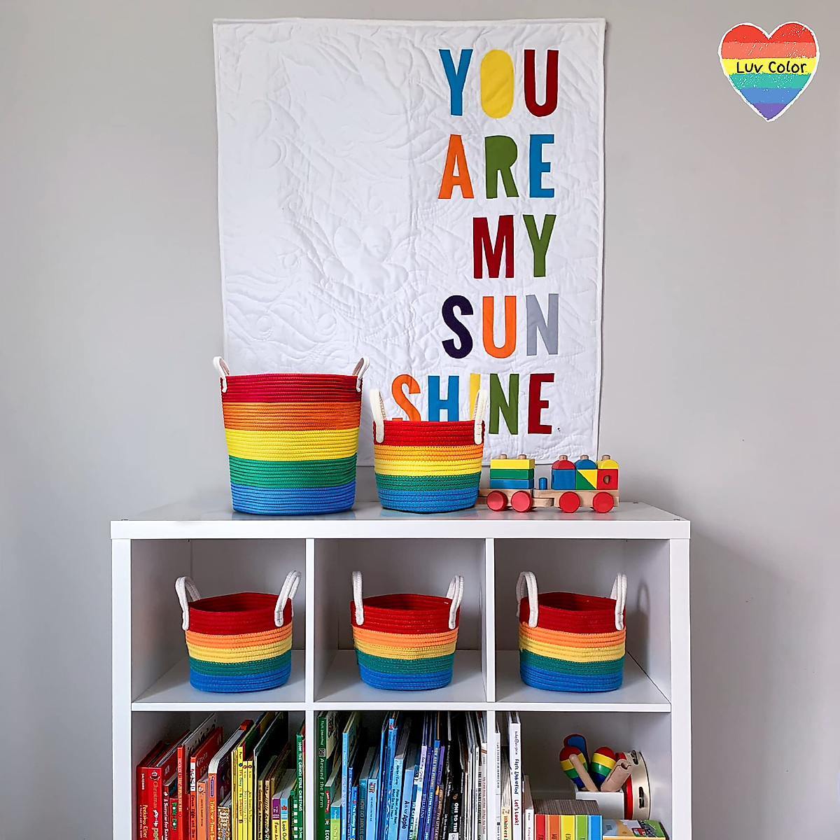 Large Rainbow Baby Laundry Basket Blanket Holder Rainbow Classroom Decor Toy Organizers And Storage Basket For Blankets Woven Basket With Handles Cotton Rope Basket 16"x16"x16"