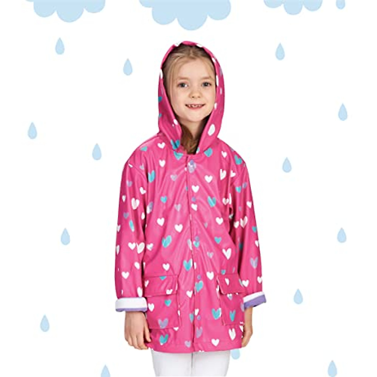 Hatley Girls' Little Color Changing Button-Up Printed Rain Jacket, Sweet Hearts, 6 Years