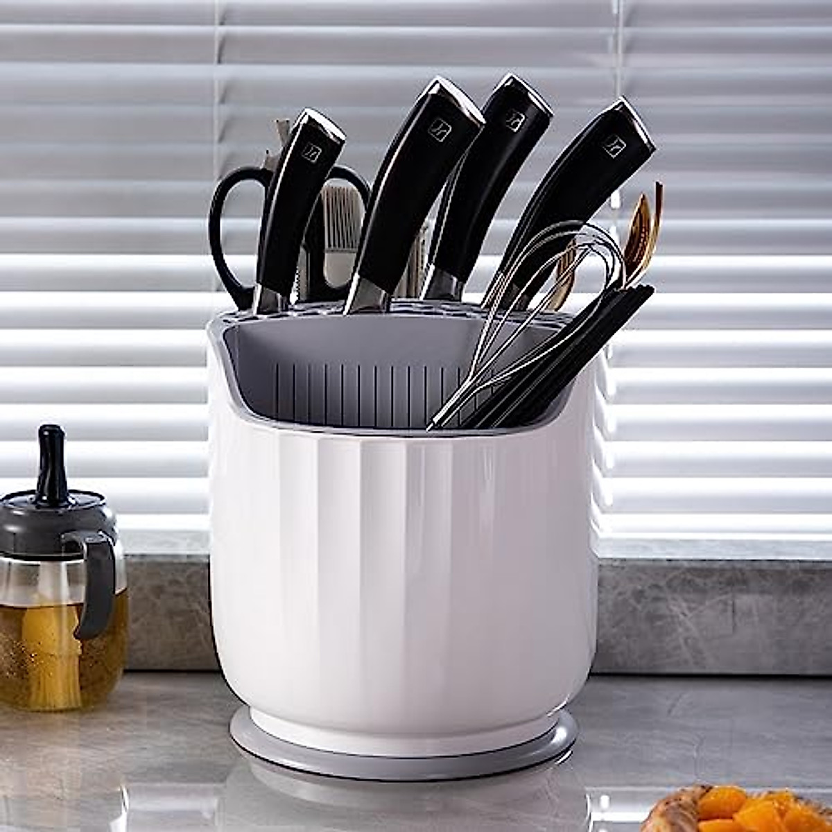 Komost Rotating Utensil Holder for Countertop, Utensil Organizer Caddy Crock for Kitchen Counter, Knife Holder Storage Rack