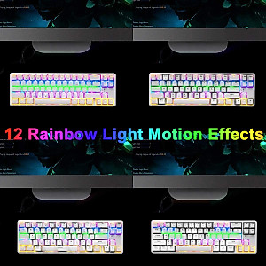 Wireless Mechanical Gaming Keyboard,60% Ultra-Compact Blue Backlit Rechargeable Bluetooth Dual Wired/Wireless Blue Switches Computer Keyboard for Multi-Device Phone Android Mobile(White Rainbow)