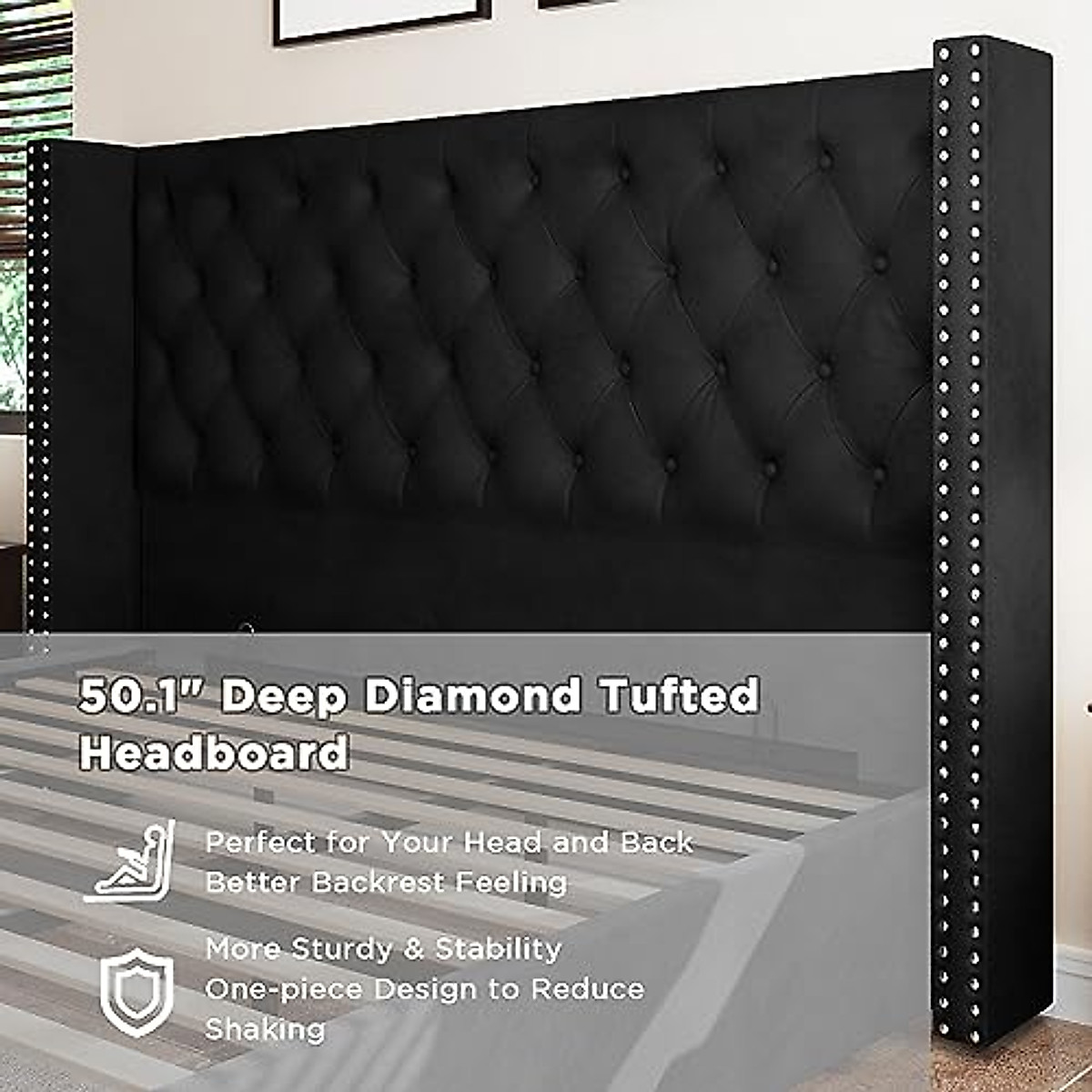 PaPaJet Lift Up Storage Bed Queen Size Upholstered Platform Bed Frame Button Tufted Wingback Headboard Hydraulic Lifting Storage Underneath/Wood Slats Support/Easy Assembly/Black