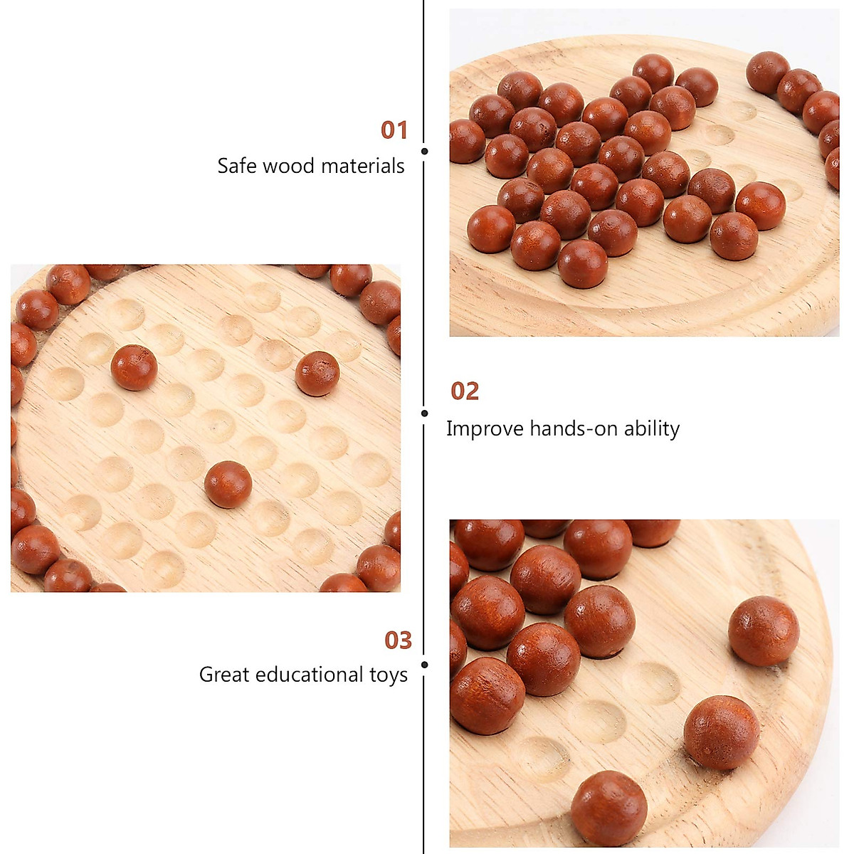 NUOBESTY Wooden Solitaire Board Game Brain Game Set Solitaire Chess Bead Wood Marbles Chess Puzzle Peg for Students Adults（14x14x2.8 cm）