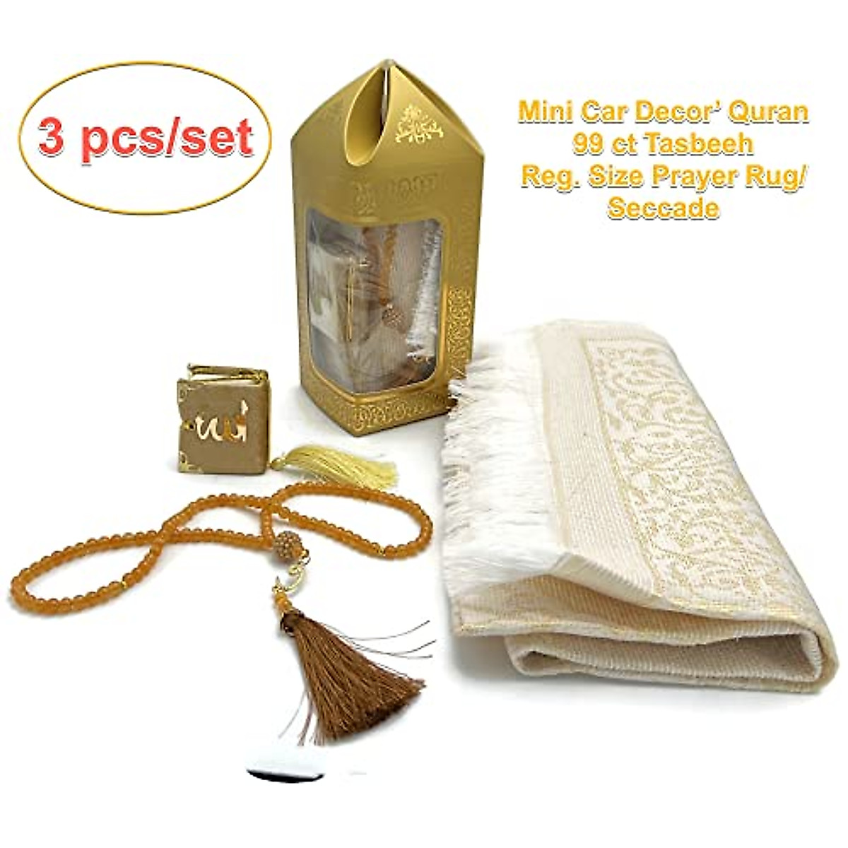 Muslim Gifts Hajj Hac Haji Gift Set Prayer Rug Janamaz Seccade Pearl Tasbeeh Prayer Beads and Pocket or Car Decor Mini Quran 3pcs/Set (Gold)