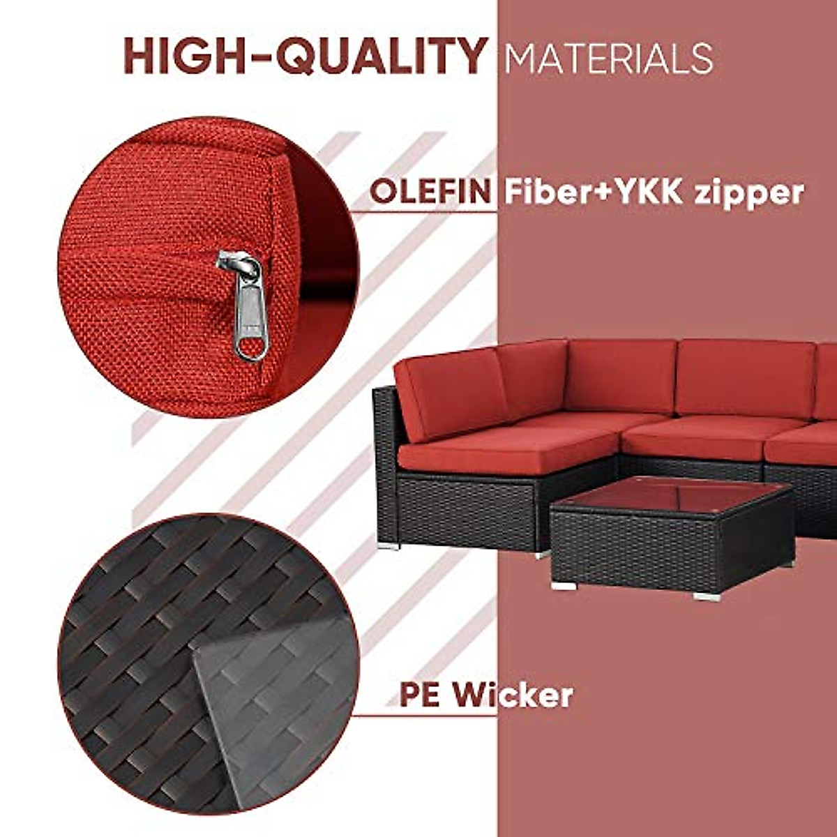 SUNCROWN 7-Piece Outdoor Patio Furniture Sofa Set - All-Weather Wicker Sectional with Washable Cushions and Modern Glass Coffee Table - Red