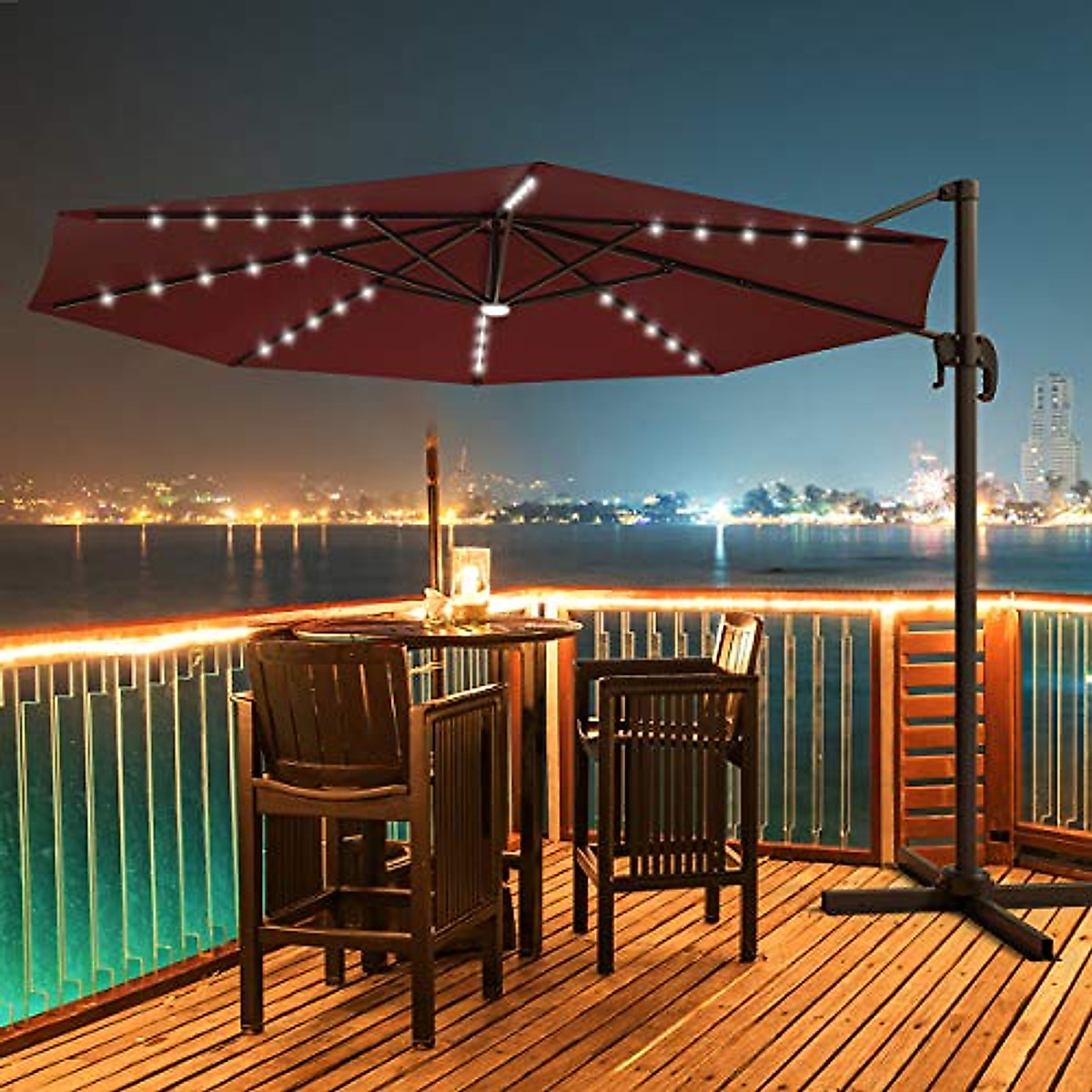 TANGKULA 10 ft Patio Led Cantilever umbrella, Solar Powered Led, 360 degree Rotation Outdoor Offset Umbrella with Aluminum Pole, Cross Base and Cover, Suitable for Garden, Deck, Backyard, Pool