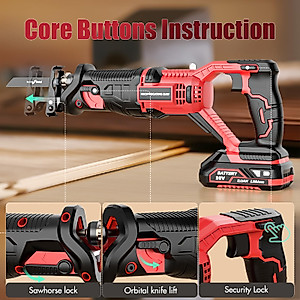 Reciprocating Saw Cordless, 20V Power Reciprocating Saw with Battery and Charger, 3000SPM Compact Reciprocating Saw with 6 Tool-Free Blades for Wood & Metal Cutting (1PC Battery)