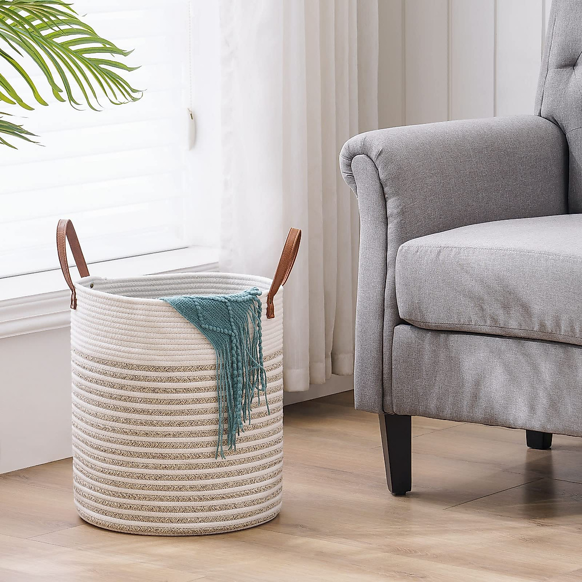 YOUDENOVA Laundry Basket for Blanket- Cotton Nursery Hamper 16 x 14 x 14 Inches, Woven Basket for Kids Toy, Clothes Hamper Basket, Brown