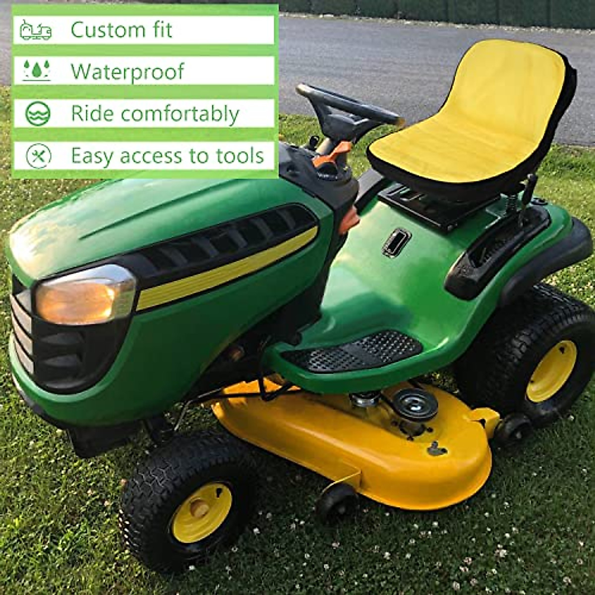 LP92334 Upgrade Large Seat Cover Riding Mower Cushioned Seat up to 18" High for John Deere Mower & Gator | Oxford 300D Fabric, Comfortable, Convenient Pockets, Waterproof