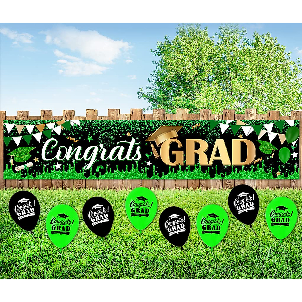 Large Congrats Grad Banner Green Class of 2023 Graduation Banner With 8 Pcs Balloons Decorations Yard Sign For College Graduation Party Supplies