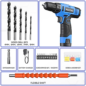 PULITUO 12V Blue Cordless Drill Set Power Drill Kit with Battery and Charger,electric drill home improvement,3/8-Inch Keyless Chuck,Built-in LED,21+1 Torque Setting small drill