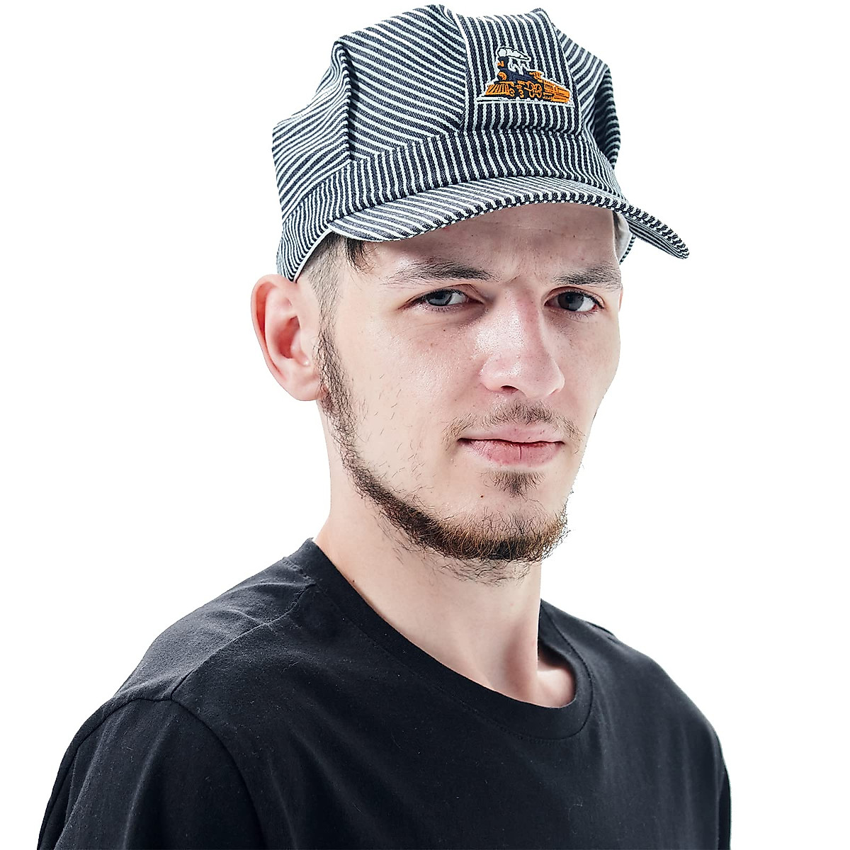 CINCKCO Adult‘s Engineer Cap Train Conductor Hat Classic Blue/White Stripes Velcro Adjustable