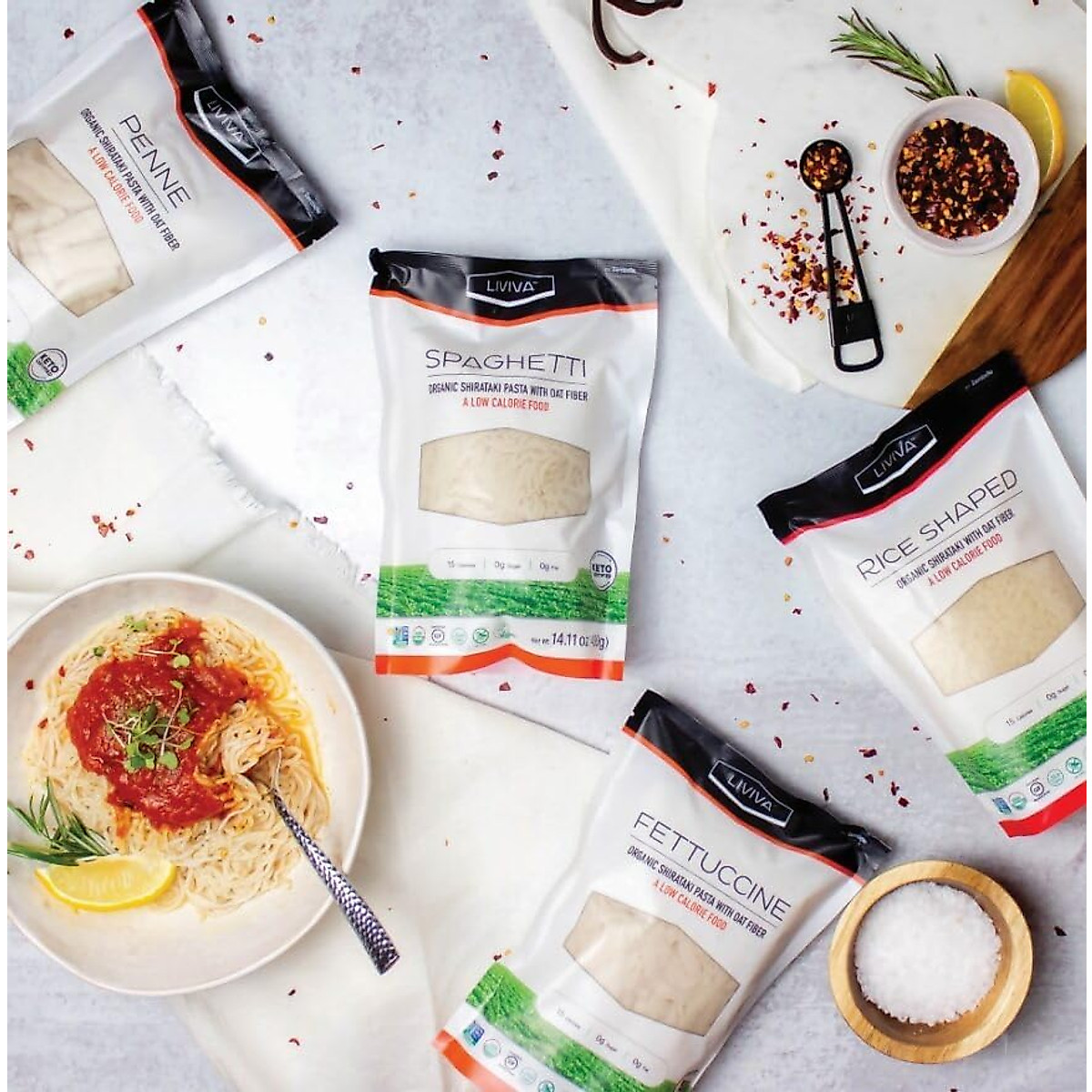 LIVIVA Organic Shirataki Spaghetti with Oat Fiber, Low-Calorie Pasta made from Konjac Root, Non-GMO, Gluten Free and Keto Certified, 14.11 Ounce (Pack of 3)