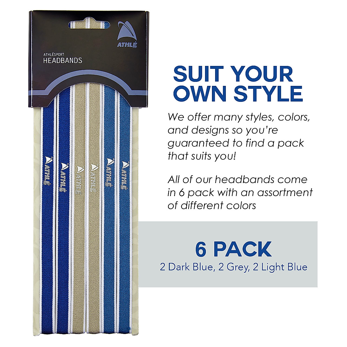 Athlé Skinny Headbands for Women and Men - 6 Pack - Elastic Headbands for Women and Men - Non Slip Silicone Grip - Lightweight and Comfortable Thin Headbands - Blue, Grey