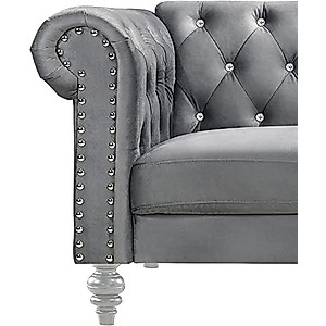 New Classic Furniture Glam Emma Velvet Two Seater Chesterfield Style Loveseat for Small Spaces with Crystal Button Tufts, Gray