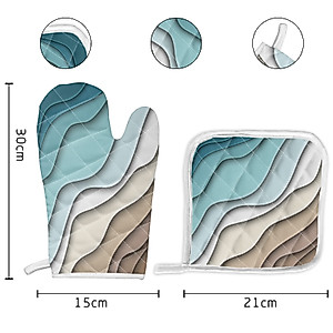 Kitchen Oven Gloves Teal Blue Modern Geometric Oven Mitts Pot Holder Set Brown Abstract Ocean Wave Hot Pad Sets for Kitchen BBQ Cooking Baking Grilling Heat Resistance