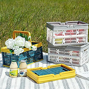 Kingrol 2 Pack Collapsible Crates for Storage, Plastic Baskets with Handles for Home Office Laundry Room Shelves Organizer, Portable Shower Caddy, 15 x 9.8 x 8 Inch, White/Gray